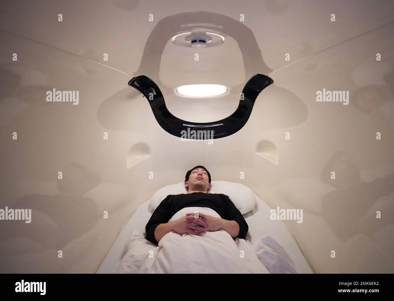 A photo shows new capsule hotel "9h Akasaka sleep lab" in Minato Ward ...