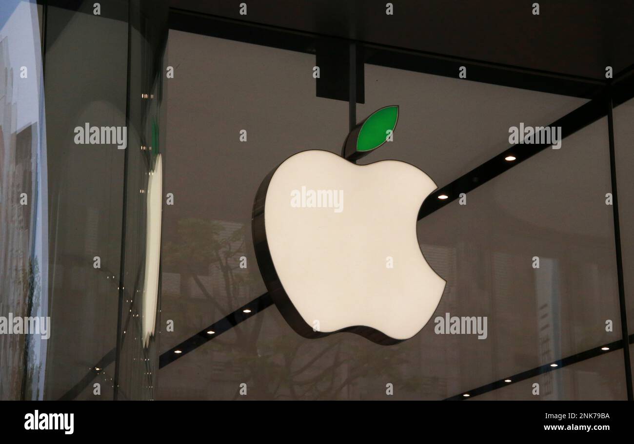 The trademark of Apple Inc. is seen in Shinjuku Ward, Tokyo on April 24 ...