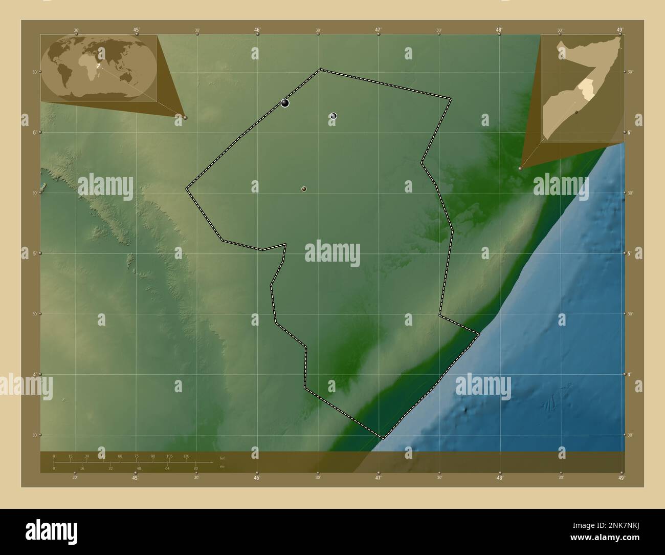 Galgaduud, région de Somalie. Carte d'altitude en couleur avec lacs et ...