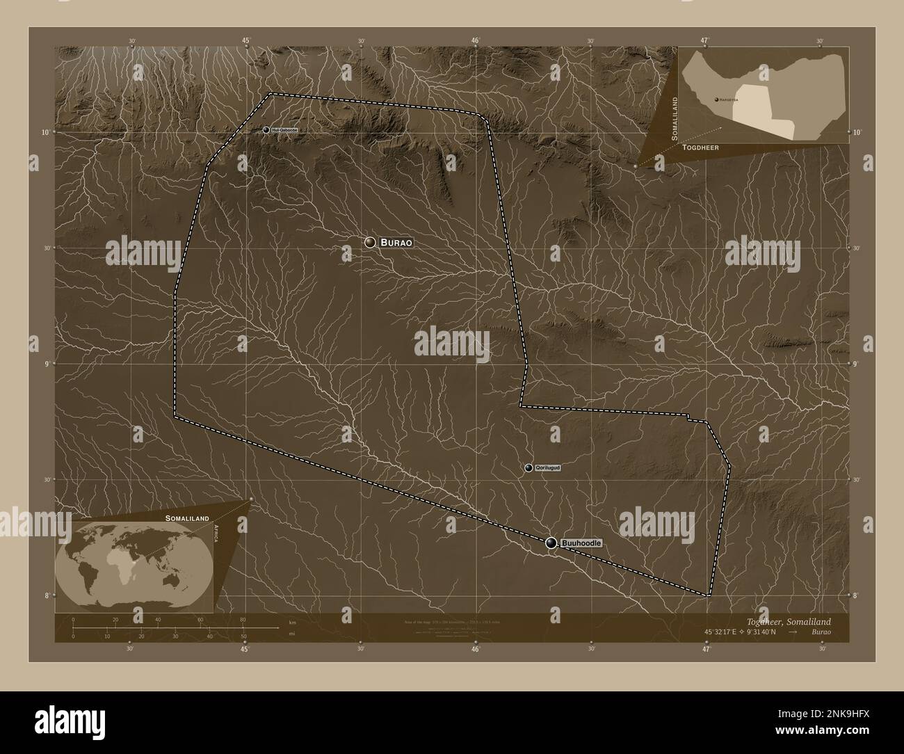 Togdheer, région du Somaliland. Carte d'altitude colorée en tons sépia ...