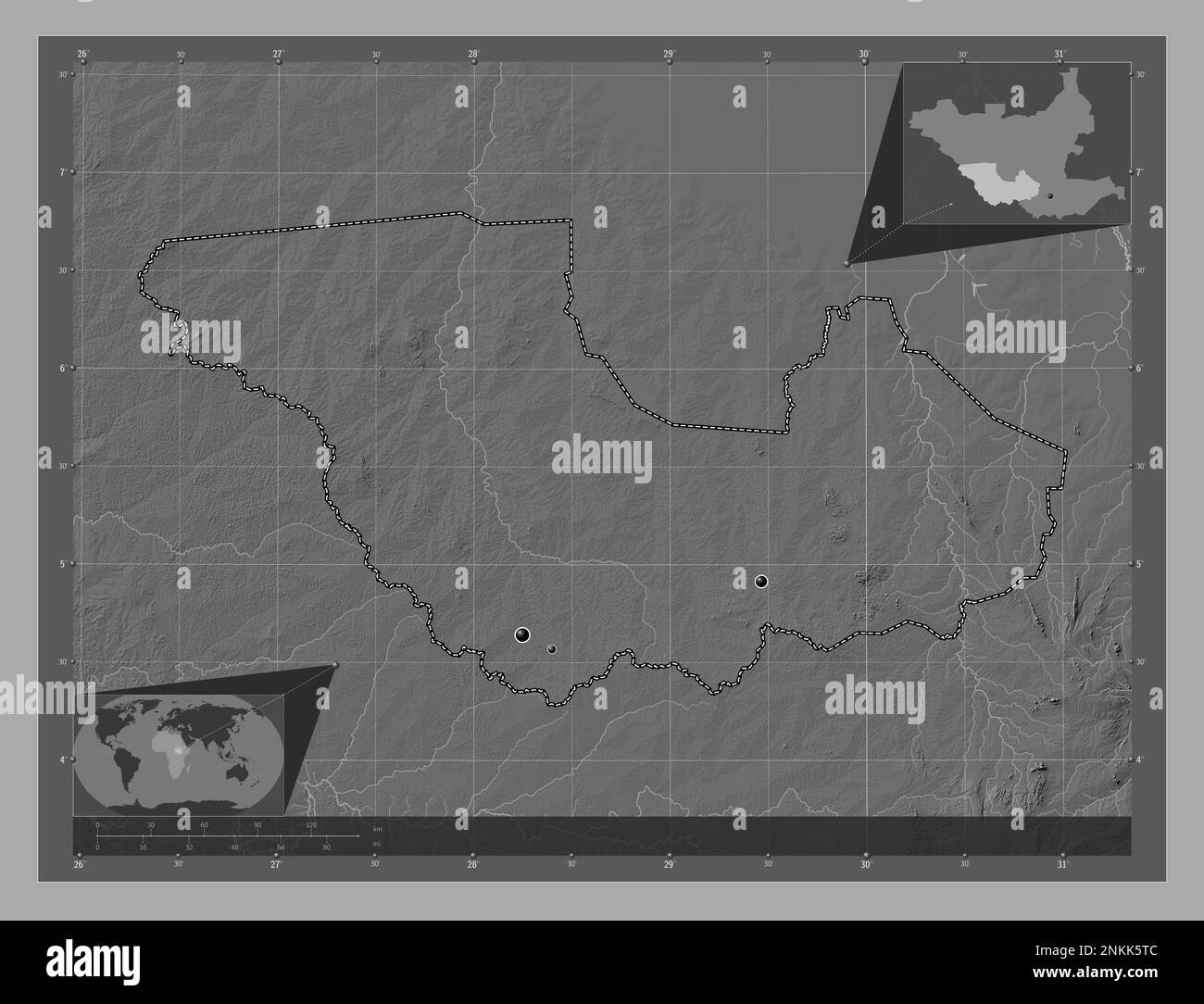 Equatoria occidental, État du Soudan du Sud. Carte d'altitude à deux ...