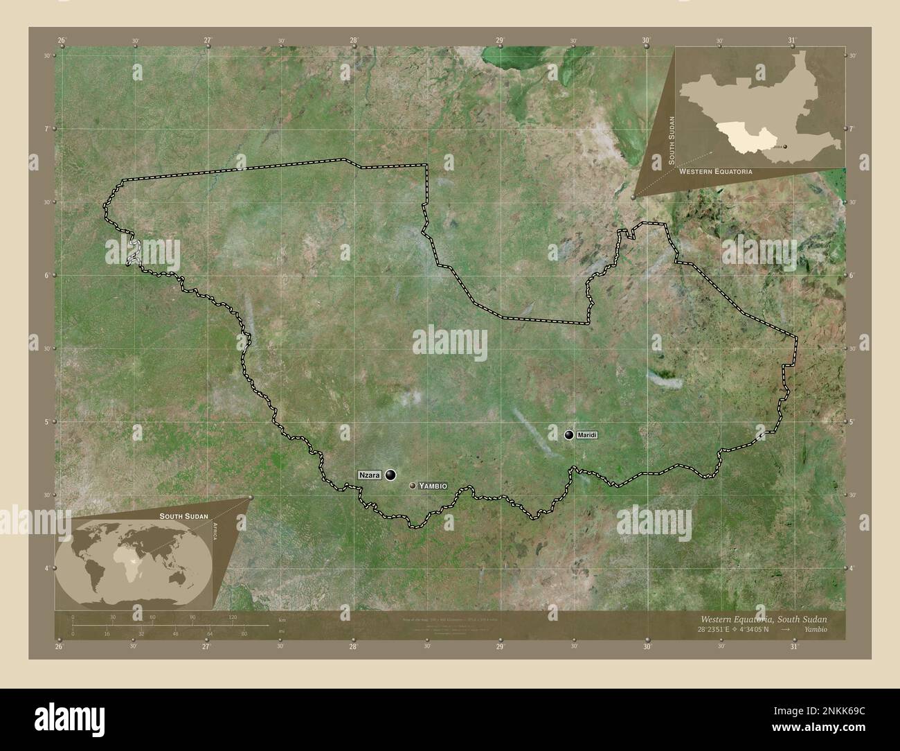 Equatoria occidental, État du Soudan du Sud. Carte satellite haute ...