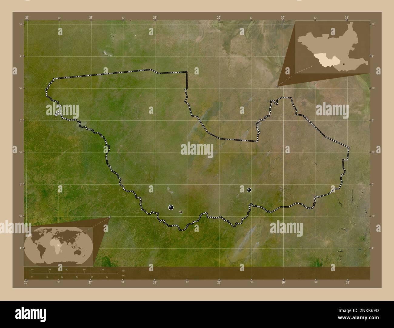 Equatoria occidental, État du Soudan du Sud. Carte satellite basse ...