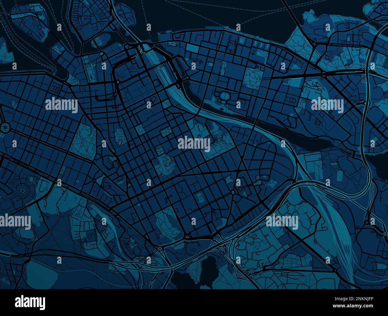 Carte illustrative d'une ville fictive dans des tons sombres. Arrière ...