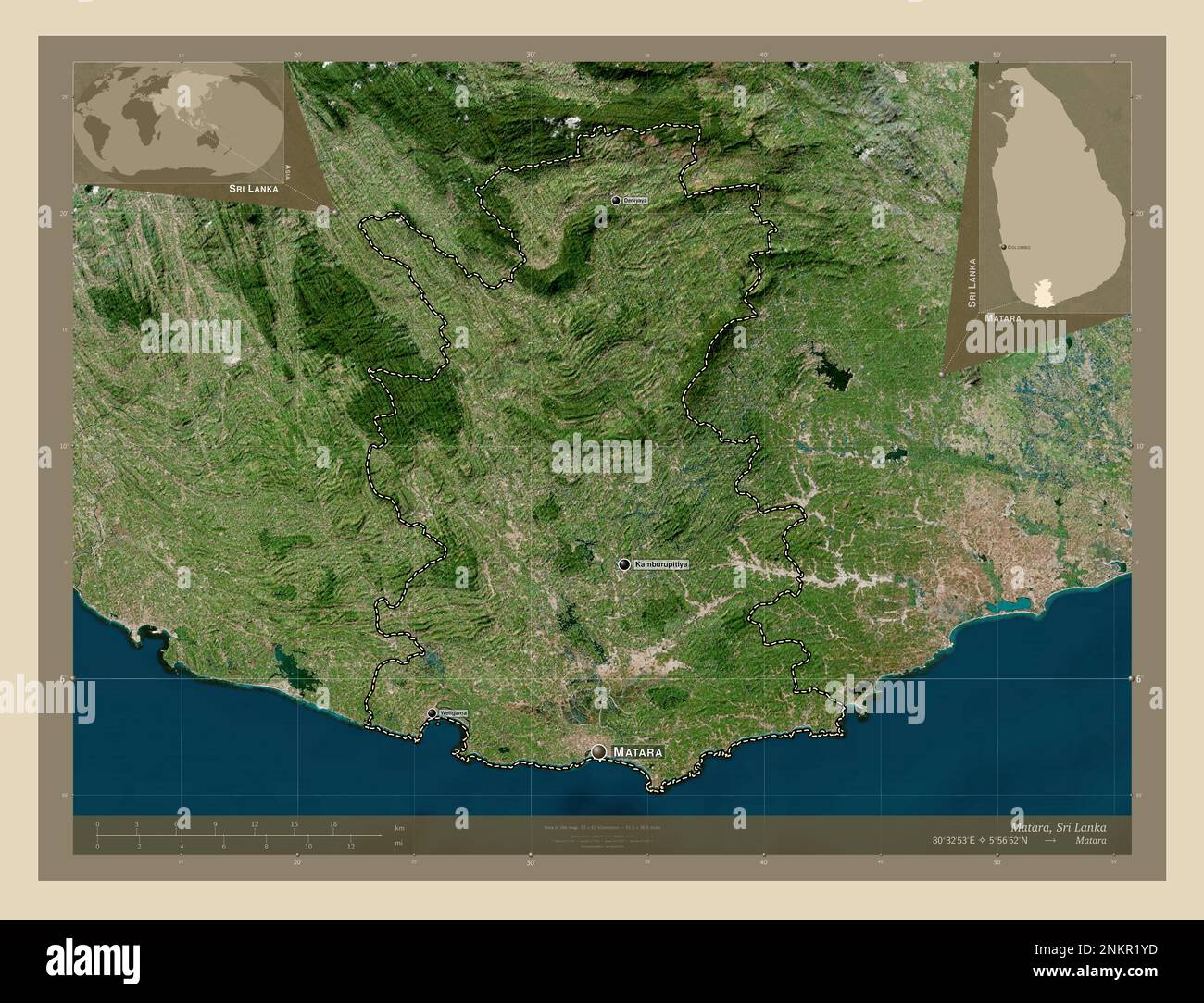Matara, district de Sri Lanka. Carte satellite haute résolution. Lieux et noms des principales ...