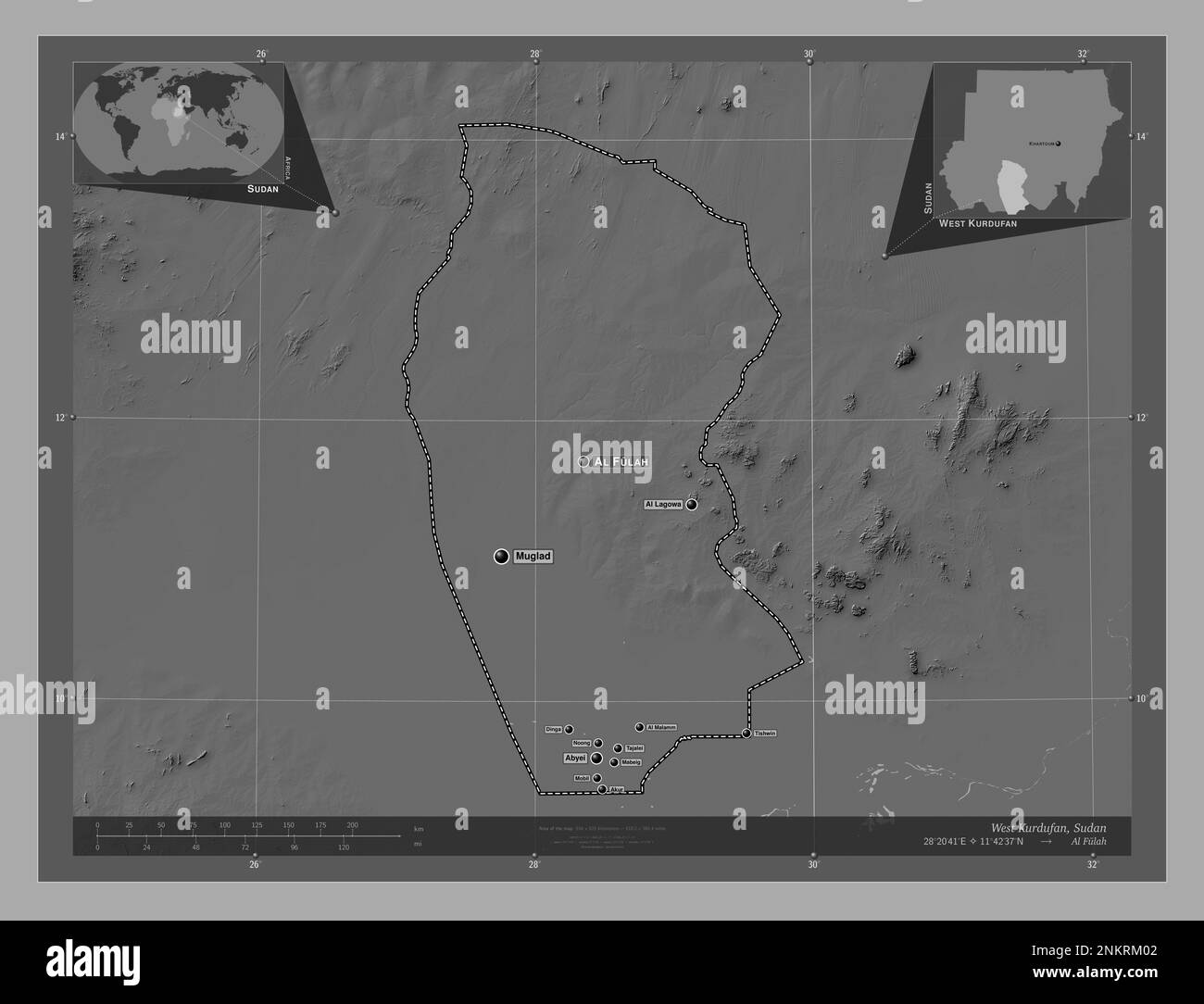 Kurdufan occidental, État du Soudan. Carte d'altitude à deux niveaux ...