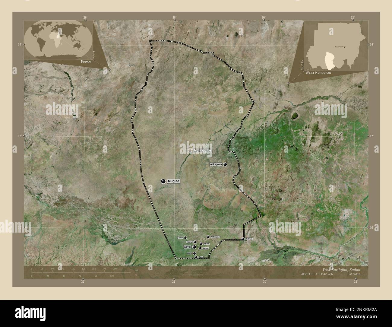 Kurdufan occidental, État du Soudan. Carte satellite haute résolution ...