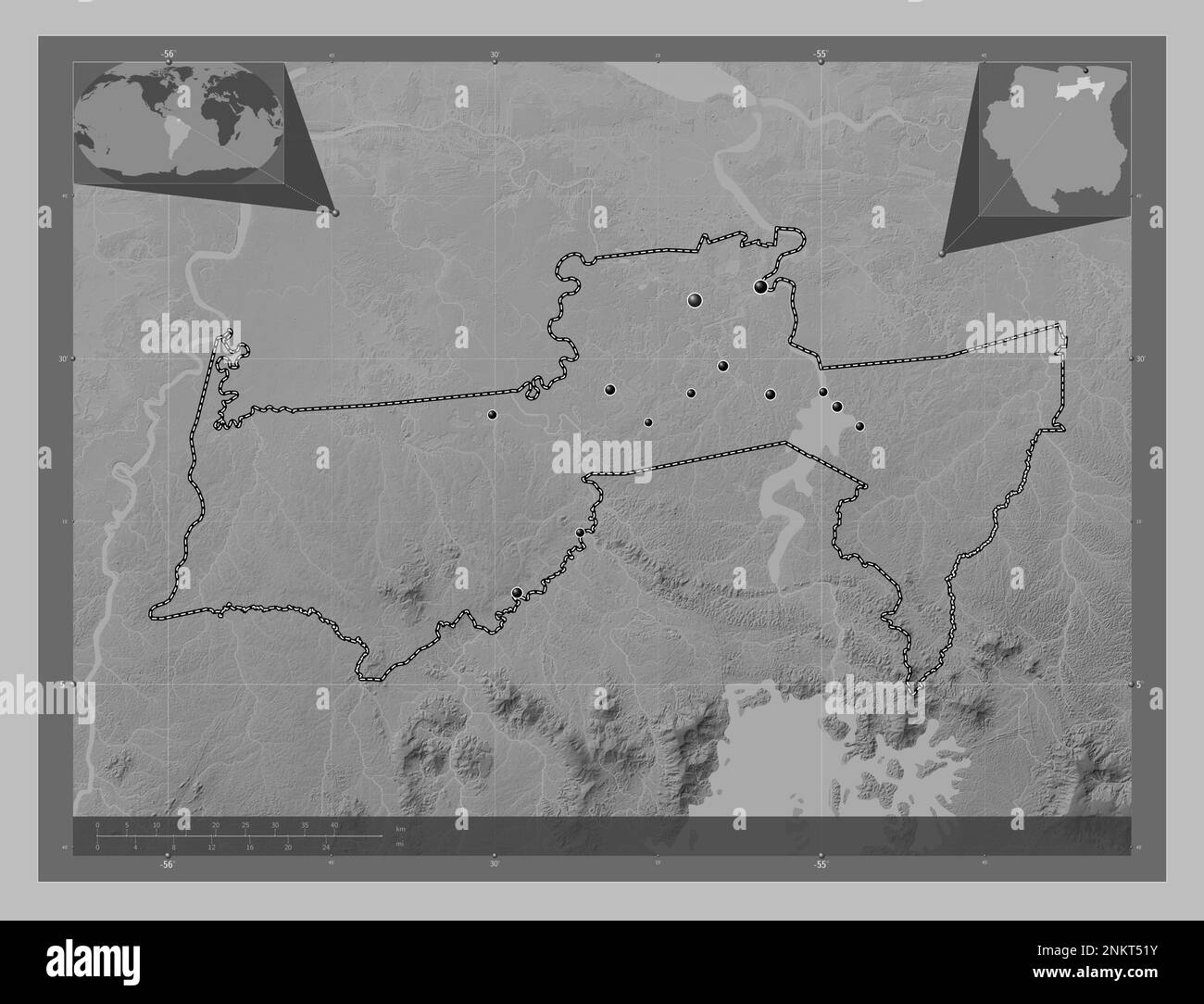 Para, district de Suriname. Carte d'altitude en niveaux de gris avec ...