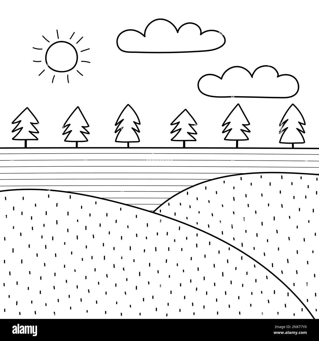 Paysage de prairie noir et blanc de style dessin animé. Arrière-plan du ...