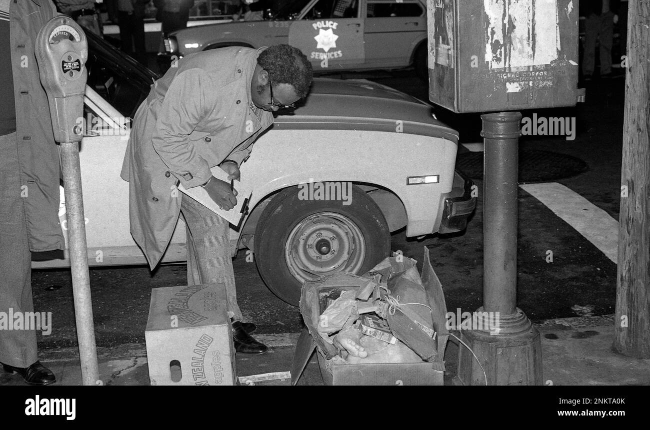 Police found two severed legs encased in brown wrapping paper tied in twine in a cardboard box ...