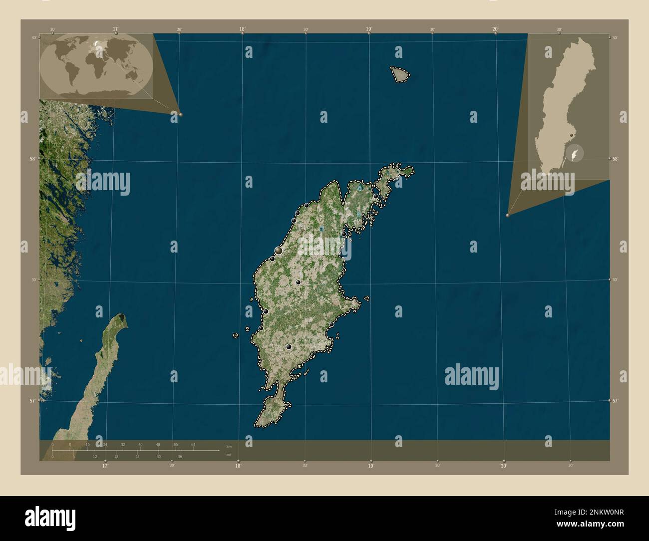 Gotland, comté de Suède. Carte satellite haute résolution. Lieux des ...