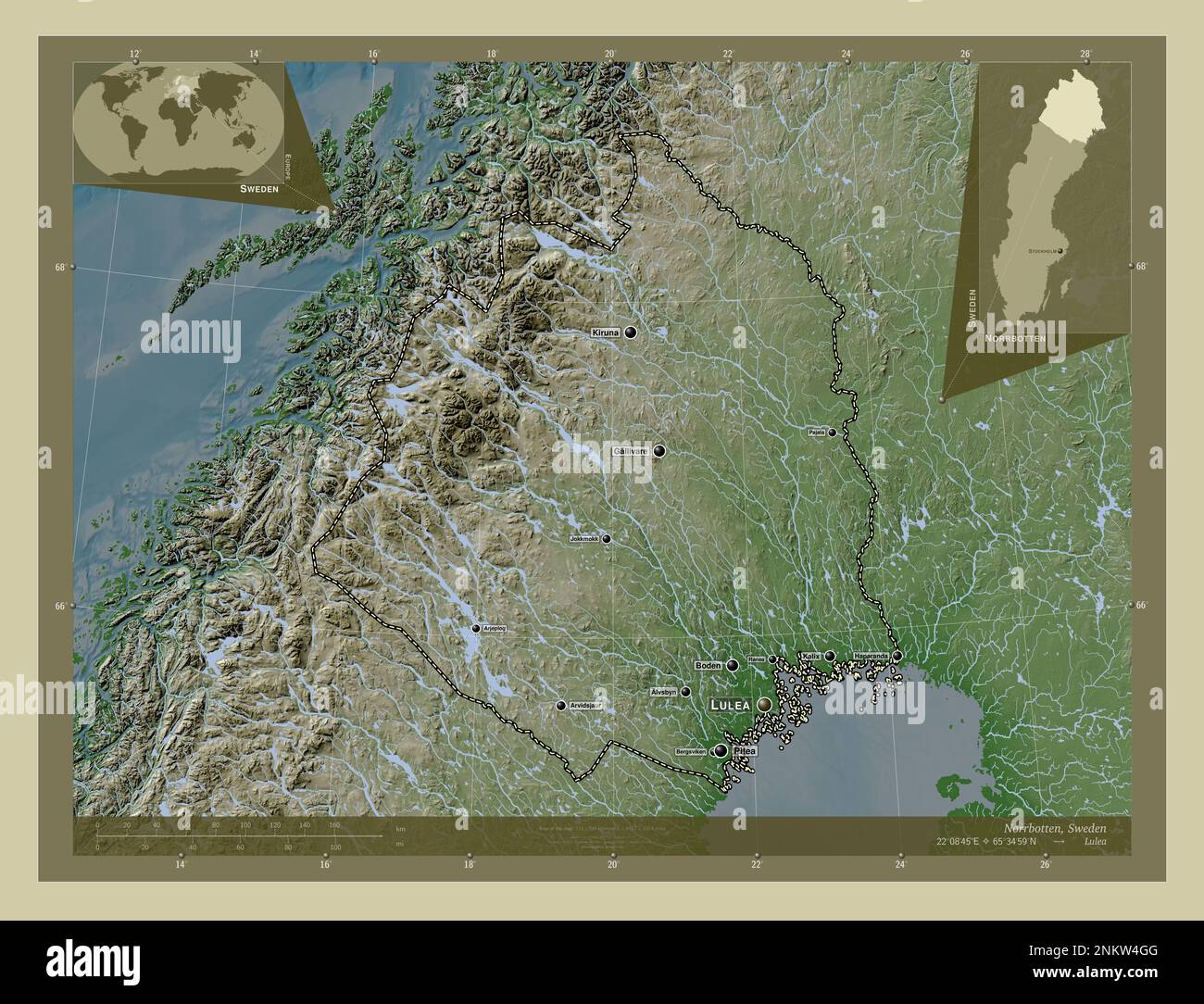 Norrbotten, comté de Suède. Carte d'altitude colorée en style wiki avec ...