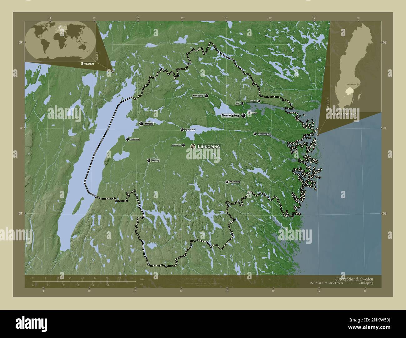Ostergotland, comté de Suède. Carte d'altitude colorée en style wiki ...