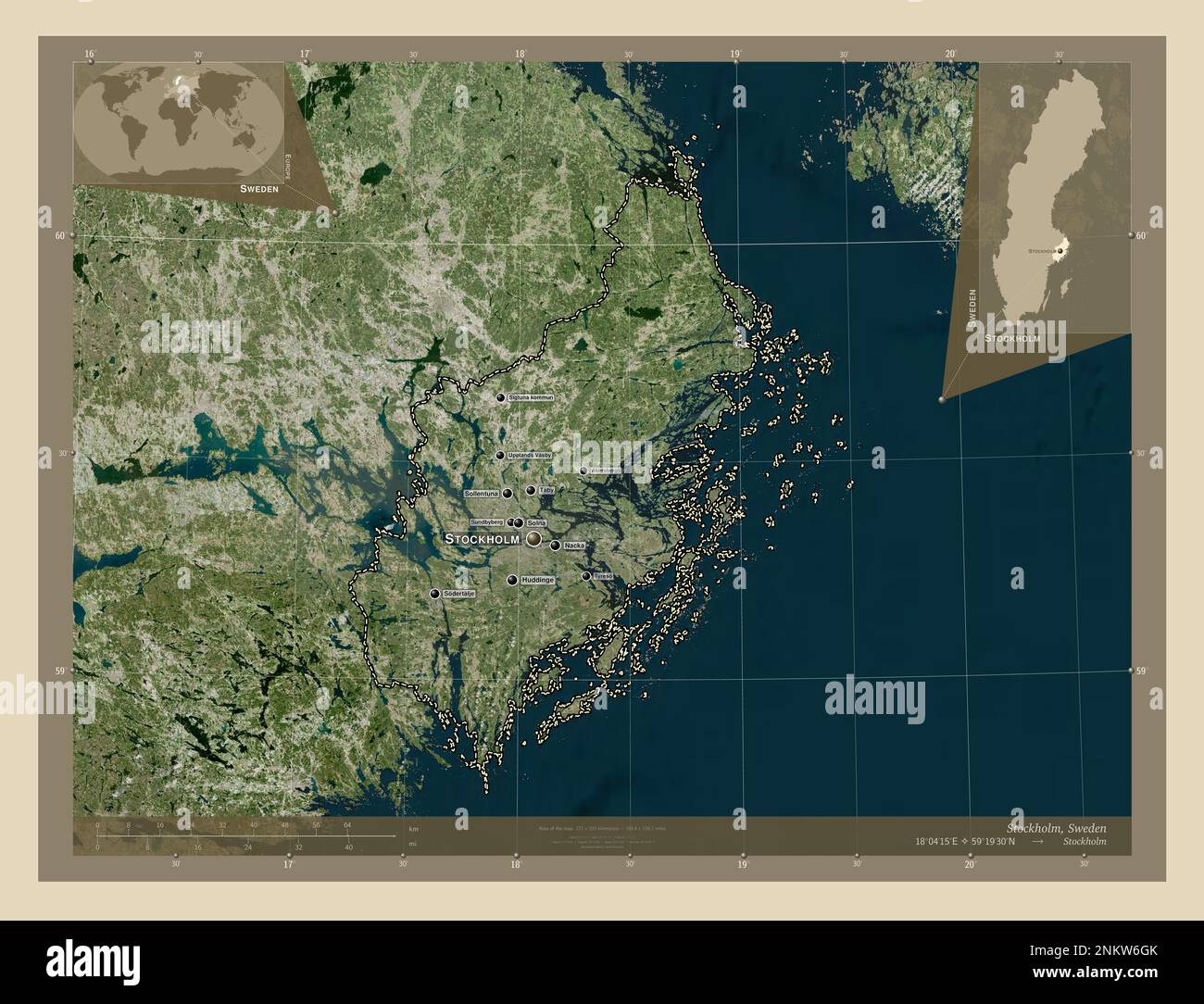 Stockholm, comté de Suède. Carte satellite haute résolution. Lieux et ...