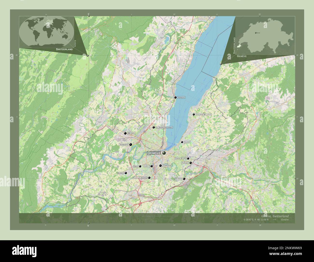 Genève, canton de Suisse. Ouvrez la carte des rues. Lieux et noms des ...