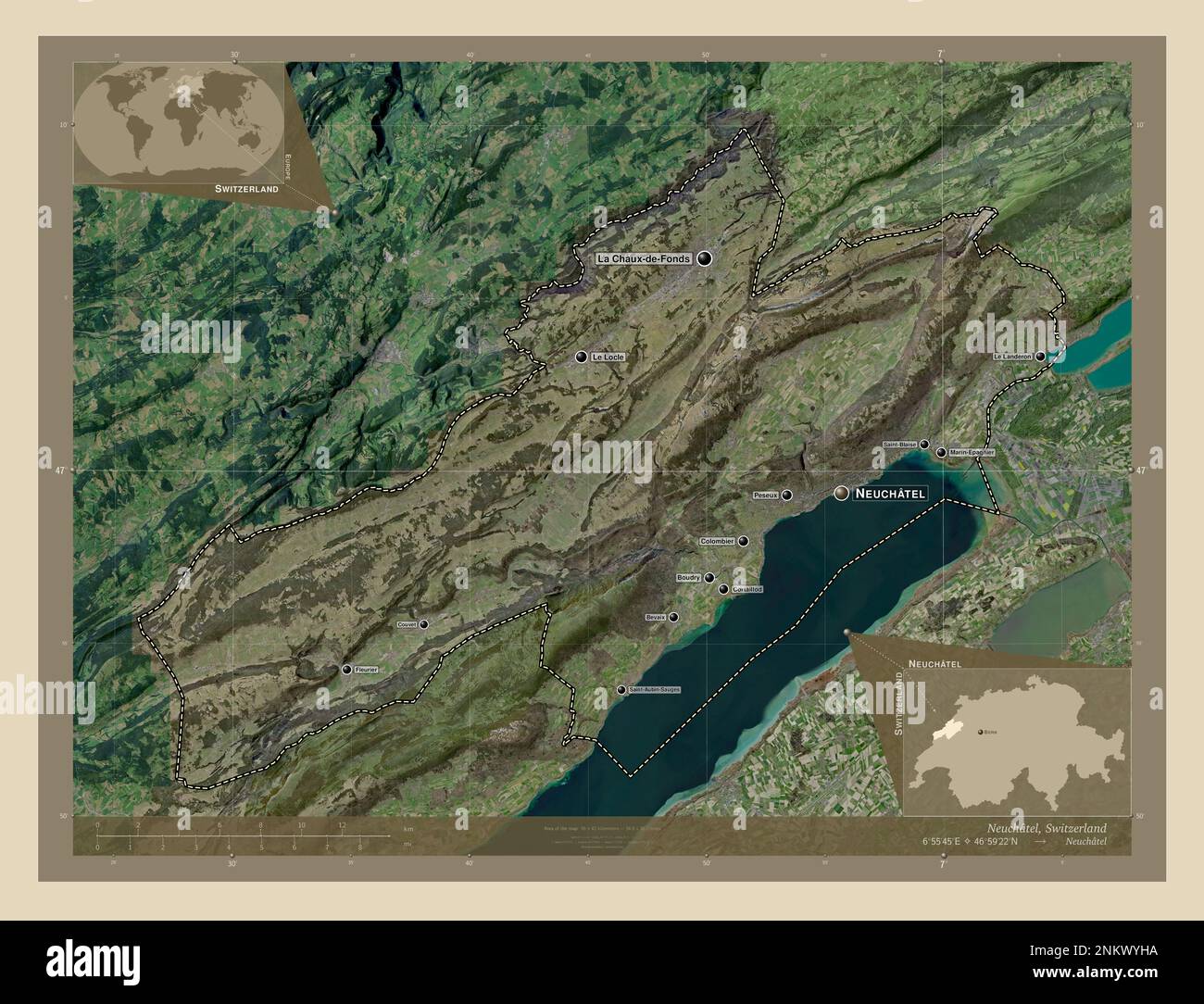 Neuchâtel, canton de Suisse. Carte satellite haute résolution. Lieux et noms des principales ...