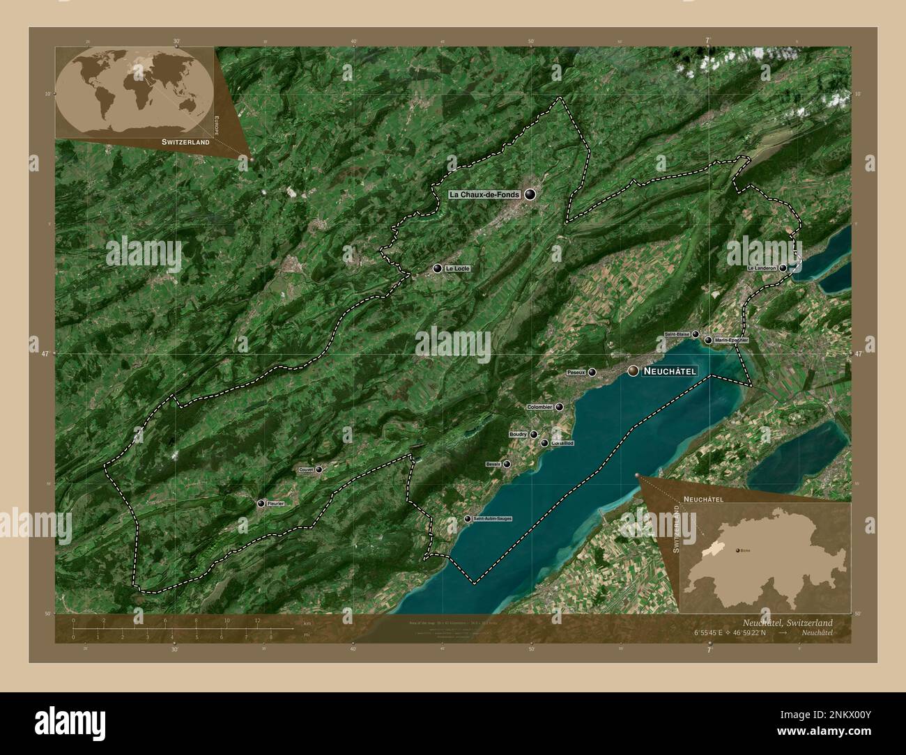 Neuchâtel, canton de Suisse. Carte satellite basse résolution. Lieux et ...