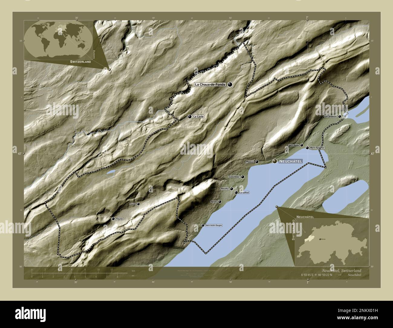 Neuchâtel, canton de Suisse. Carte d'altitude colorée en style wiki ...