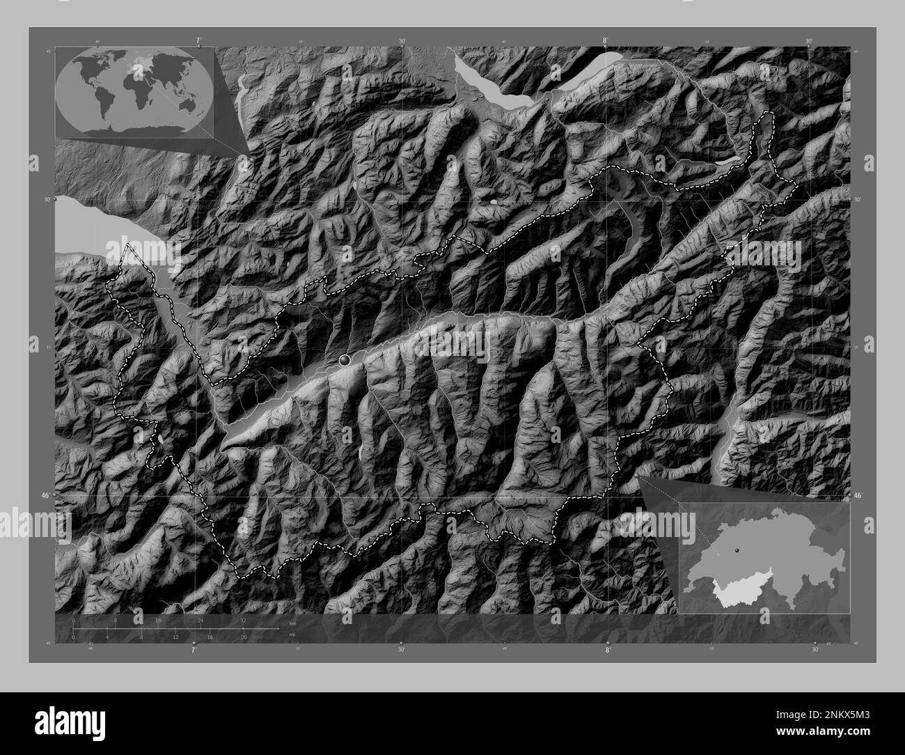 Valais, canton de Suisse. Carte d'altitude en niveaux de gris avec lacs ...