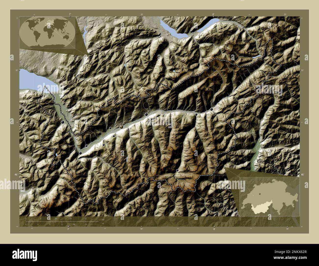 Valais, canton de Suisse. Carte d'altitude colorée en style wiki avec ...