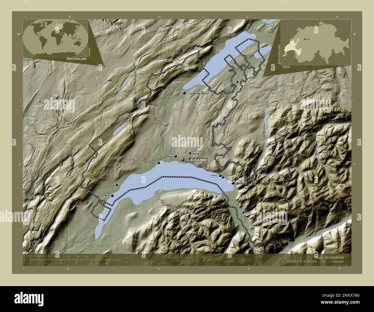 Vaud, canton de Suisse. Carte d'altitude colorée en style wiki avec ...