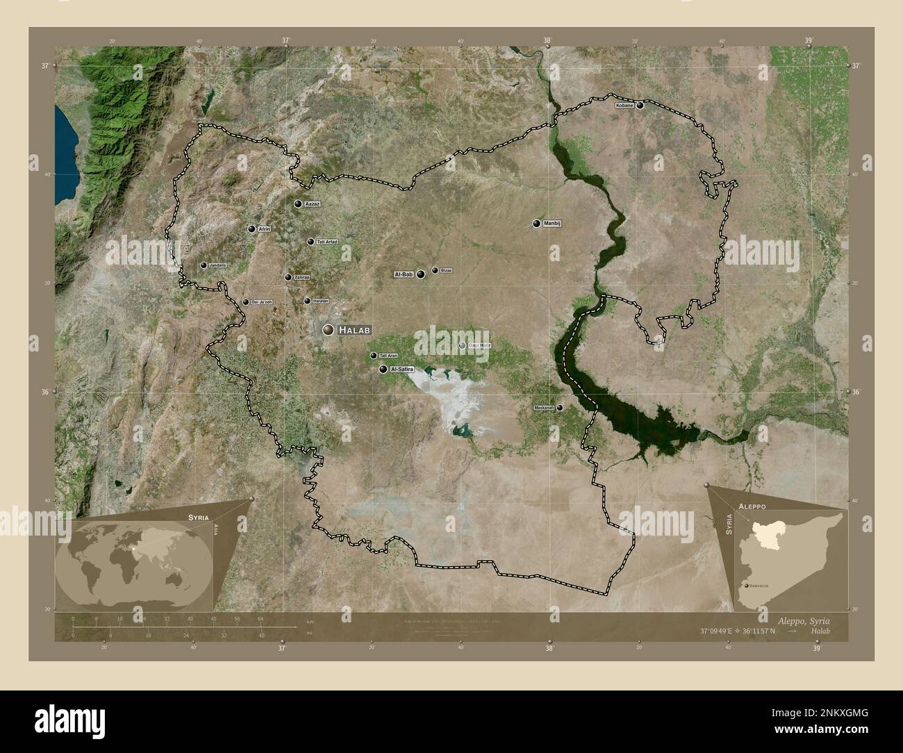 Alep, province de Syrie. Carte satellite haute résolution. Lieux et ...