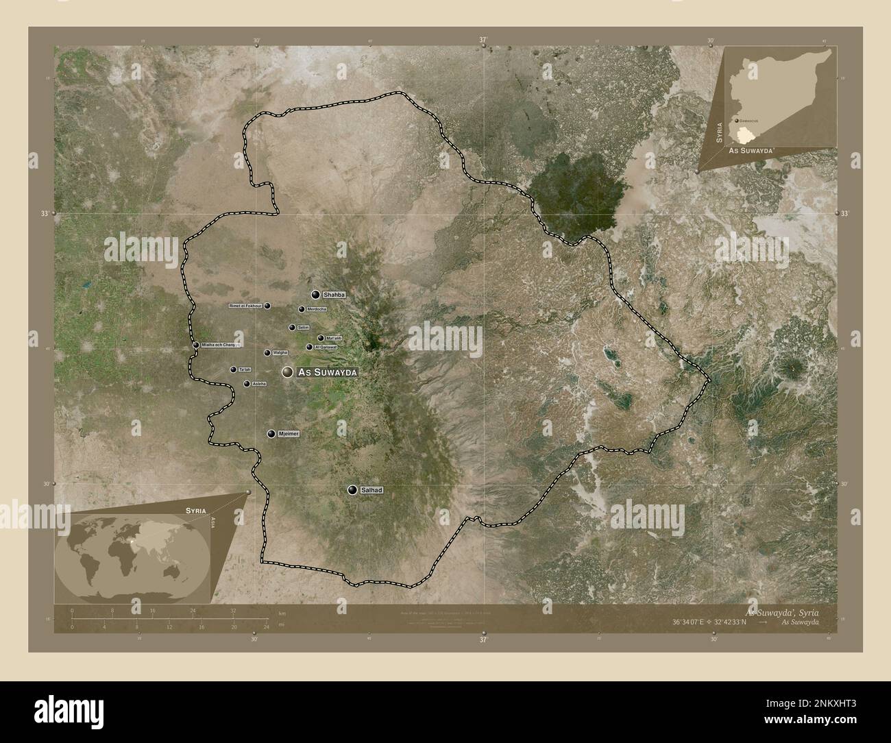 Comme Suwayda', province de Syrie. Carte satellite haute résolution ...