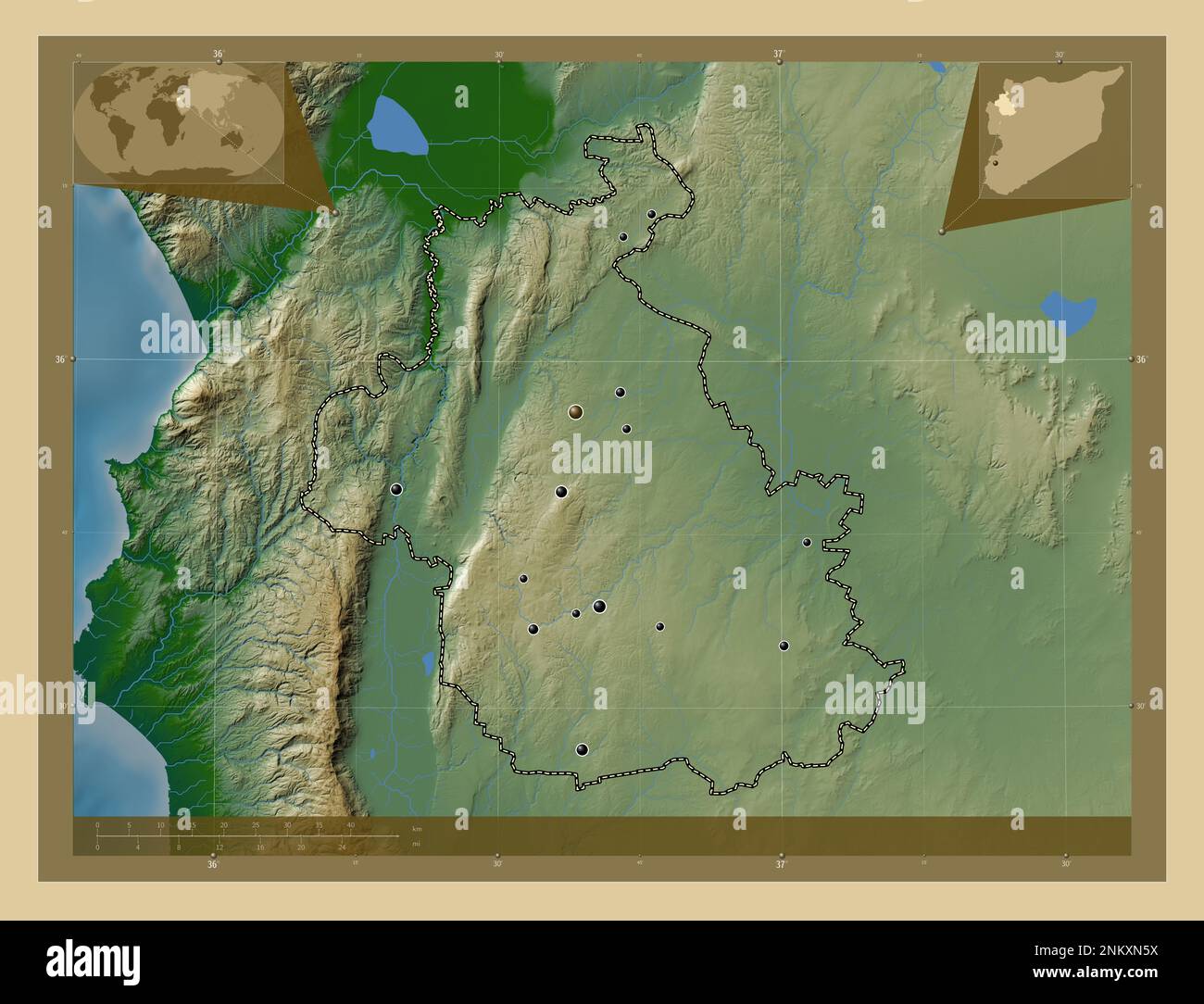 Idlib, province de Syrie. Carte d'altitude en couleur avec lacs et ...