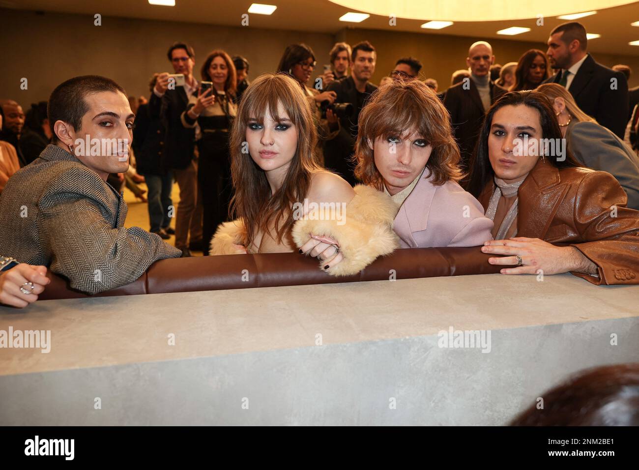 Milan, Italie, 24 février 2023. Maneskin Group (Damiano David, Victoria de Angelis, Thomas Raggi ...