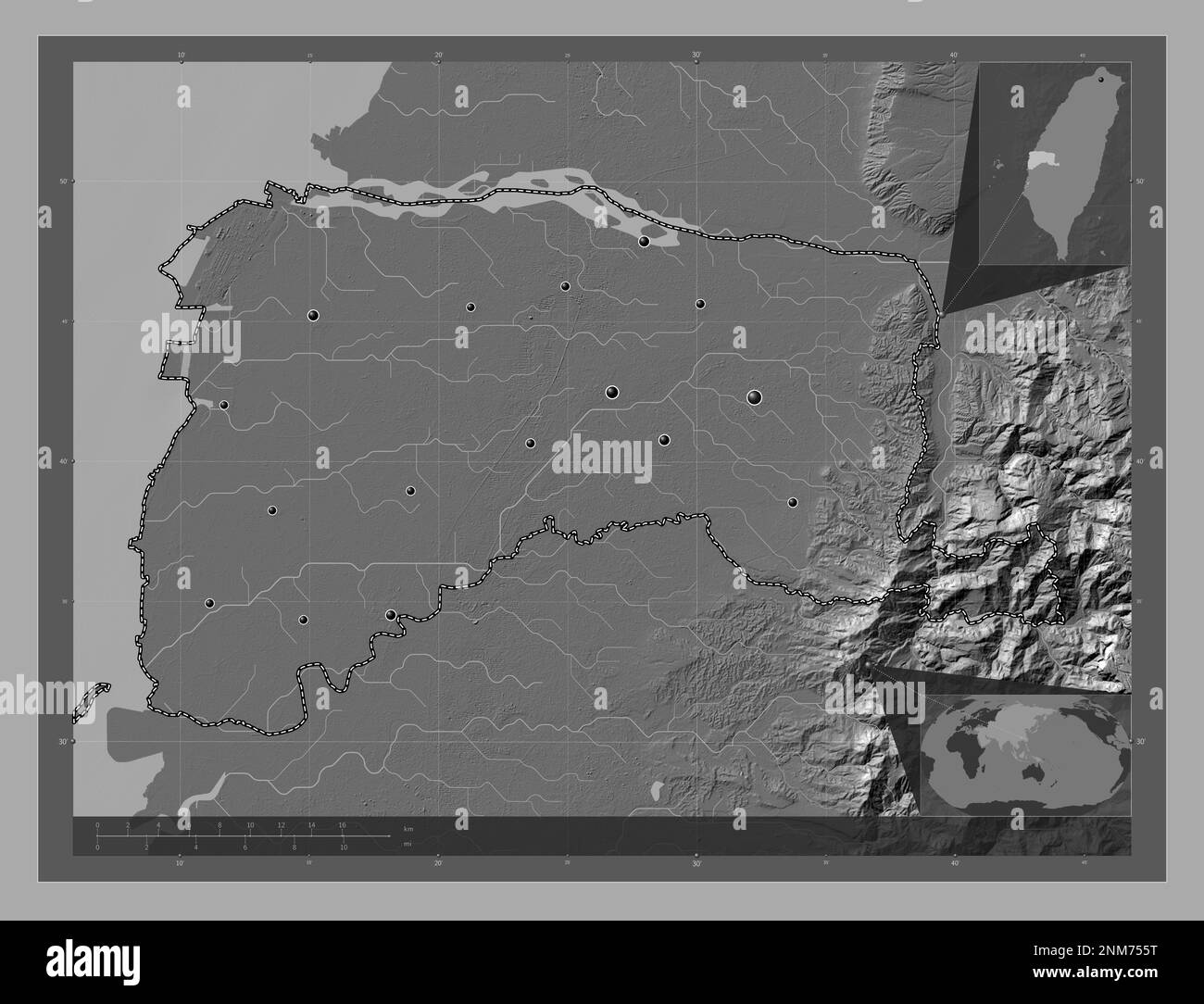 Yulin, comté de Taïwan. Carte d'altitude à deux niveaux avec lacs et ...