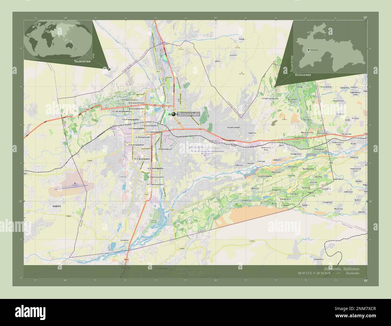 Douchanbé, région du Tadjikistan. Ouvrez la carte des rues. Lieux et ...