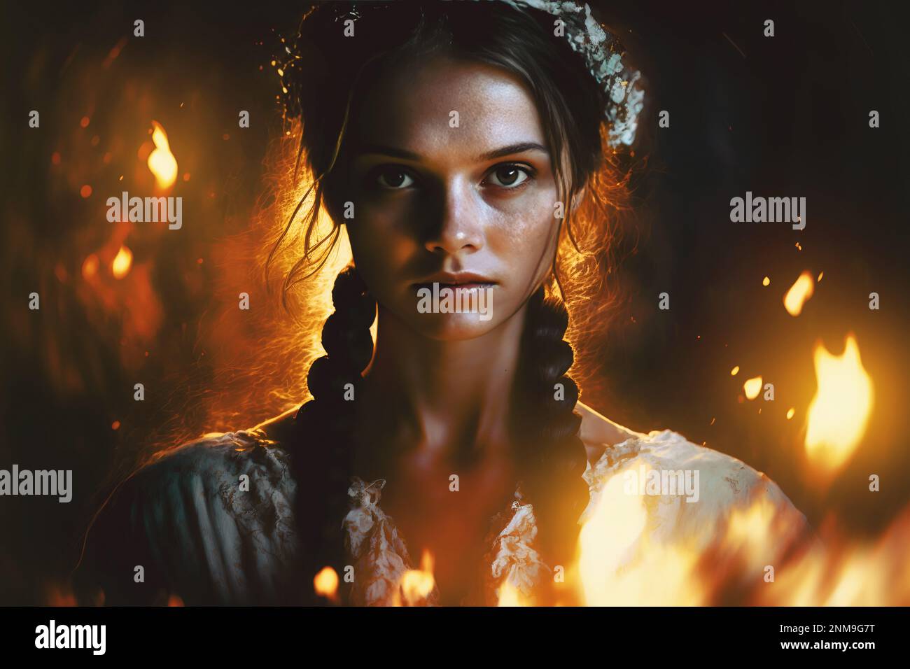 Portrait de nuit d'une belle femme slave posant la nuit de vacances ...