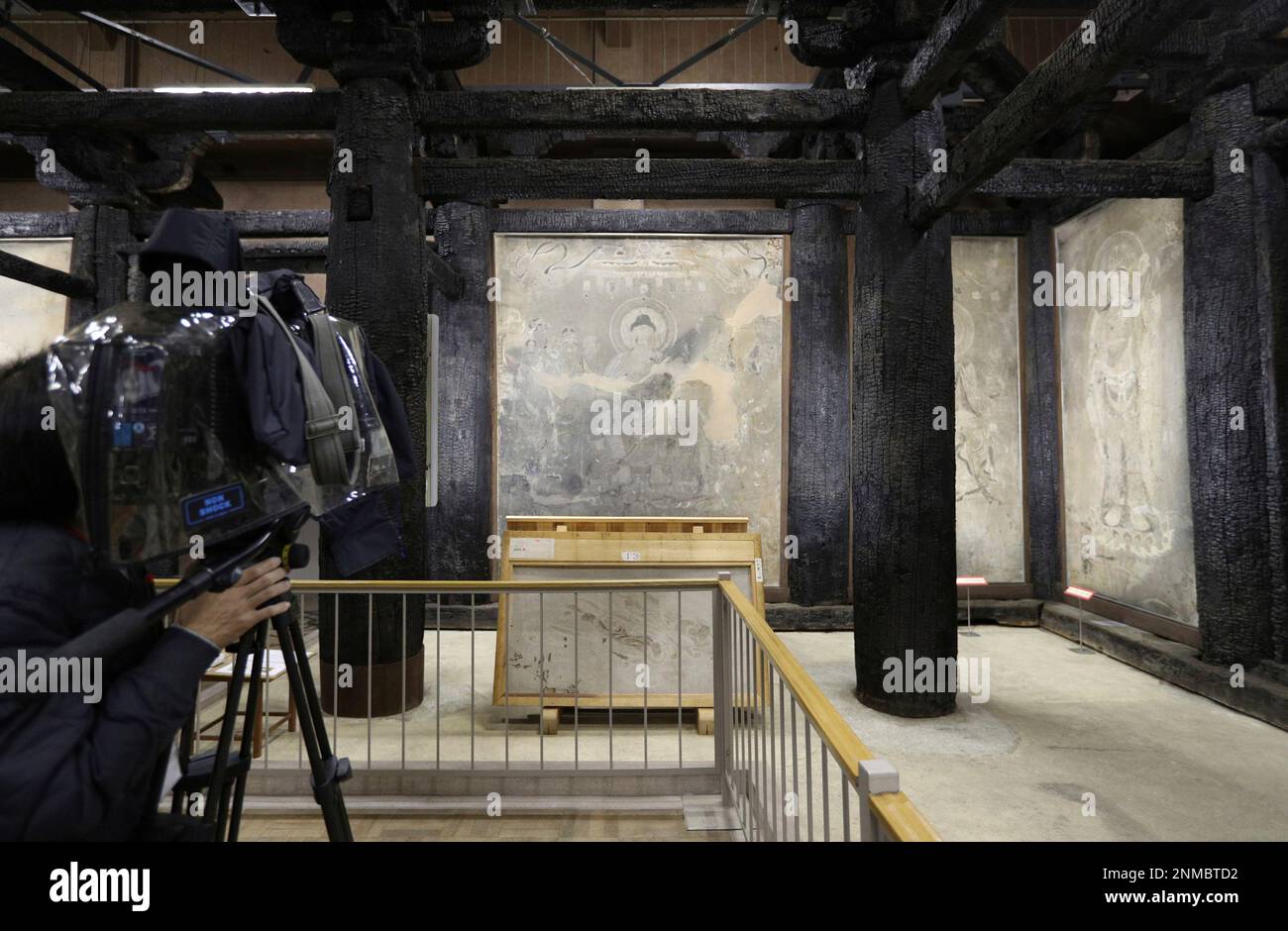 The mural painting at Kondo (main hall) of Horyuji Temple is opened to ...