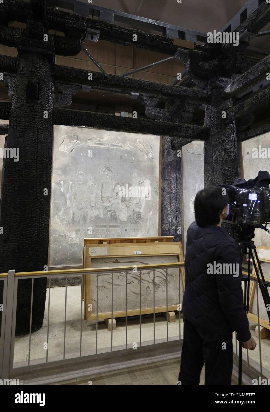 The mural painting at Kondo (main hall) of Horyuji Temple is opened to ...