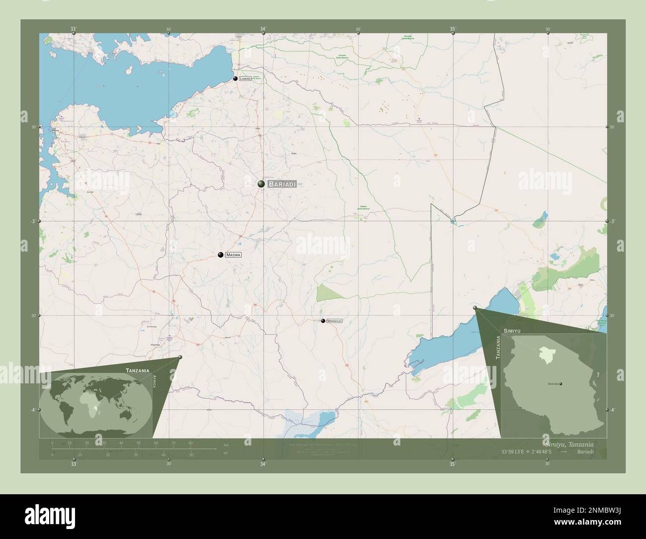 Simiyu, région de Tanzanie. Ouvrez la carte des rues. Lieux et noms des principales villes de la ...