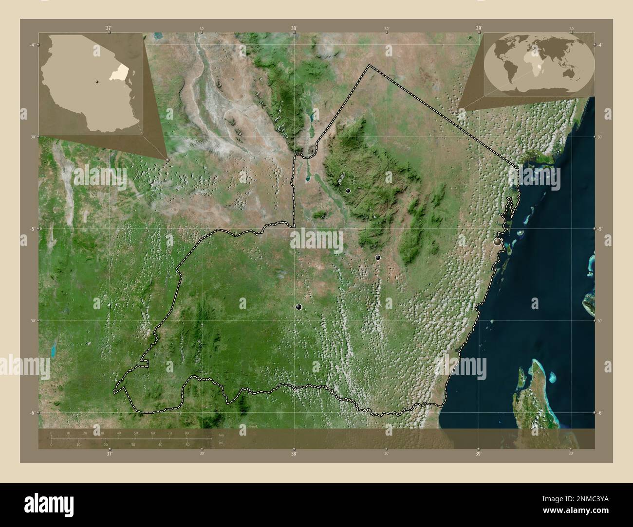 Tanger, région de Tanzanie. Carte satellite haute résolution. Lieux des ...