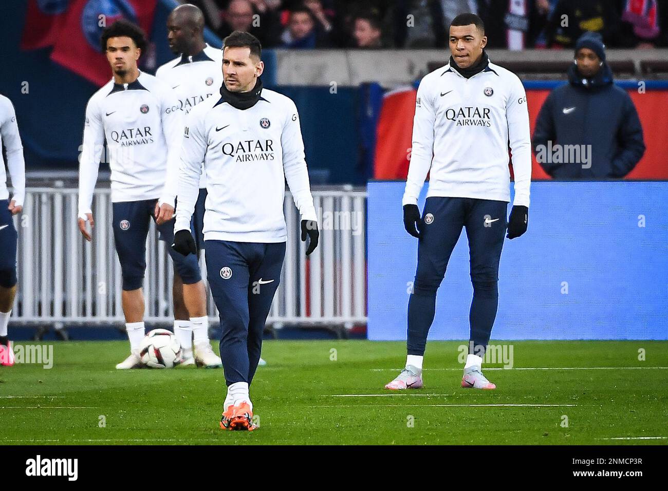 Lionel (Leo) MESSI du PSG et Kylian MBAPPE du PSG lors de la formation ...