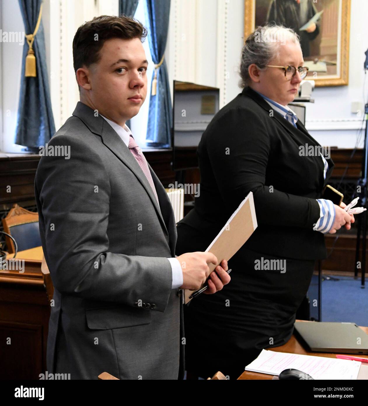 Defendant Kyle Rittenhouse, left, and defense attorney Natalie Wisco ...