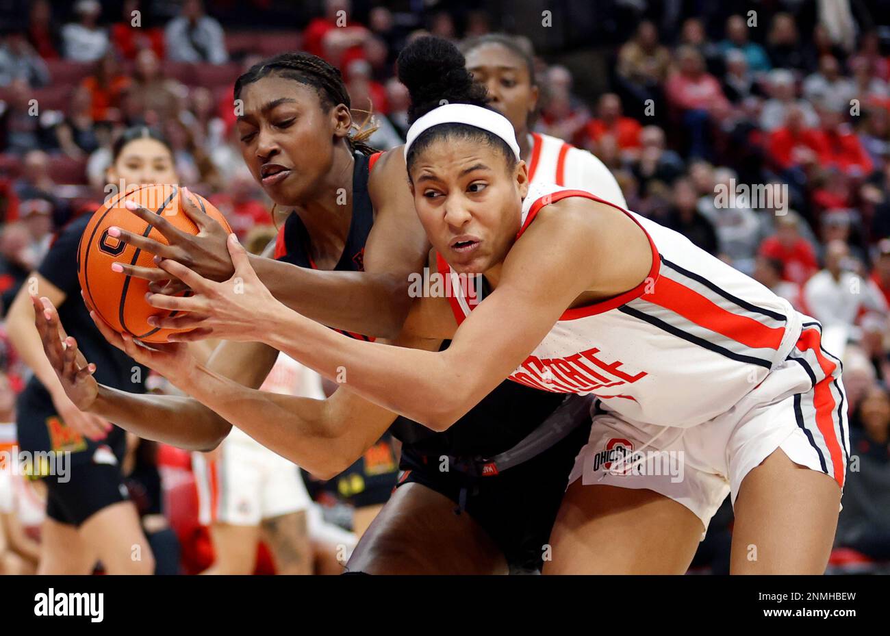 Maryland guard Diamond Miller, left, and Ohio State guard Taylor ...