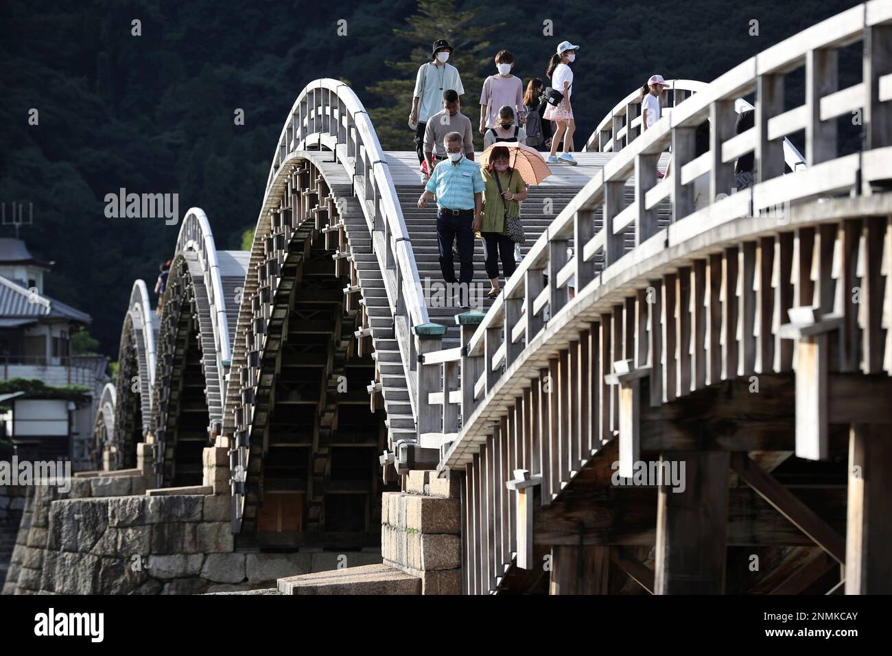 A picture shows the Kintaikyo Bridge, one of the most famous wooden ...