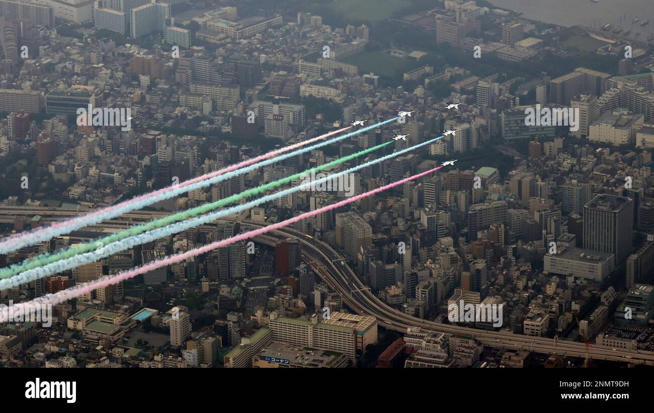 An aerial photo shows Blue Impulse aerobatic team of the Japanese Air ...