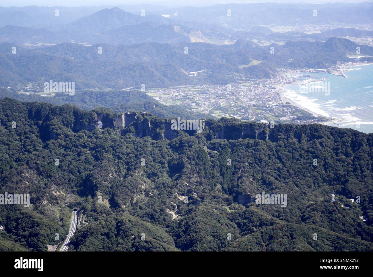 An aerial photo shows Nokogiri-yama, Mount Nokogiri, which is located on the border between ...