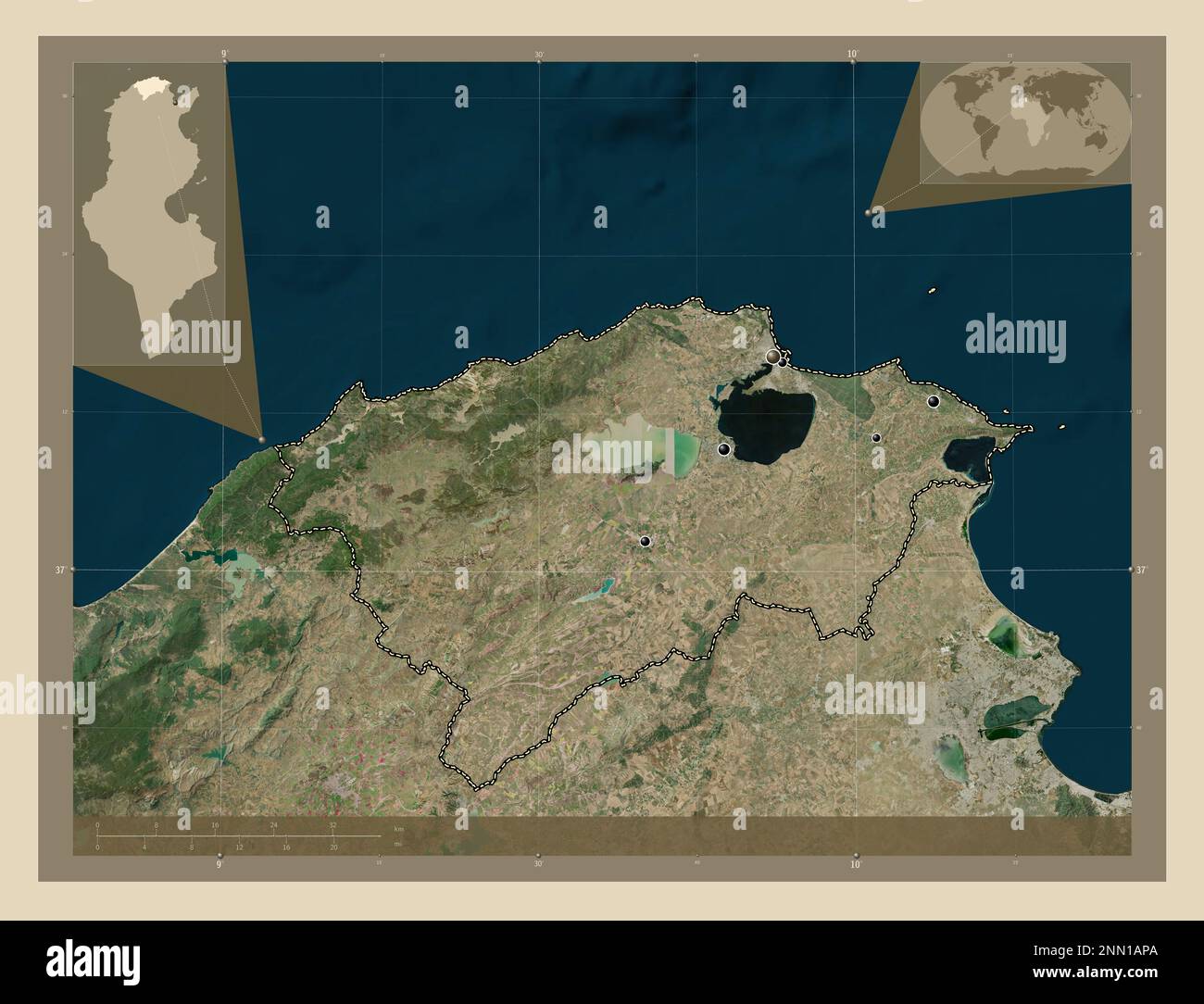 Bizerte, gouvernorat de Tunisie. Carte satellite haute résolution ...