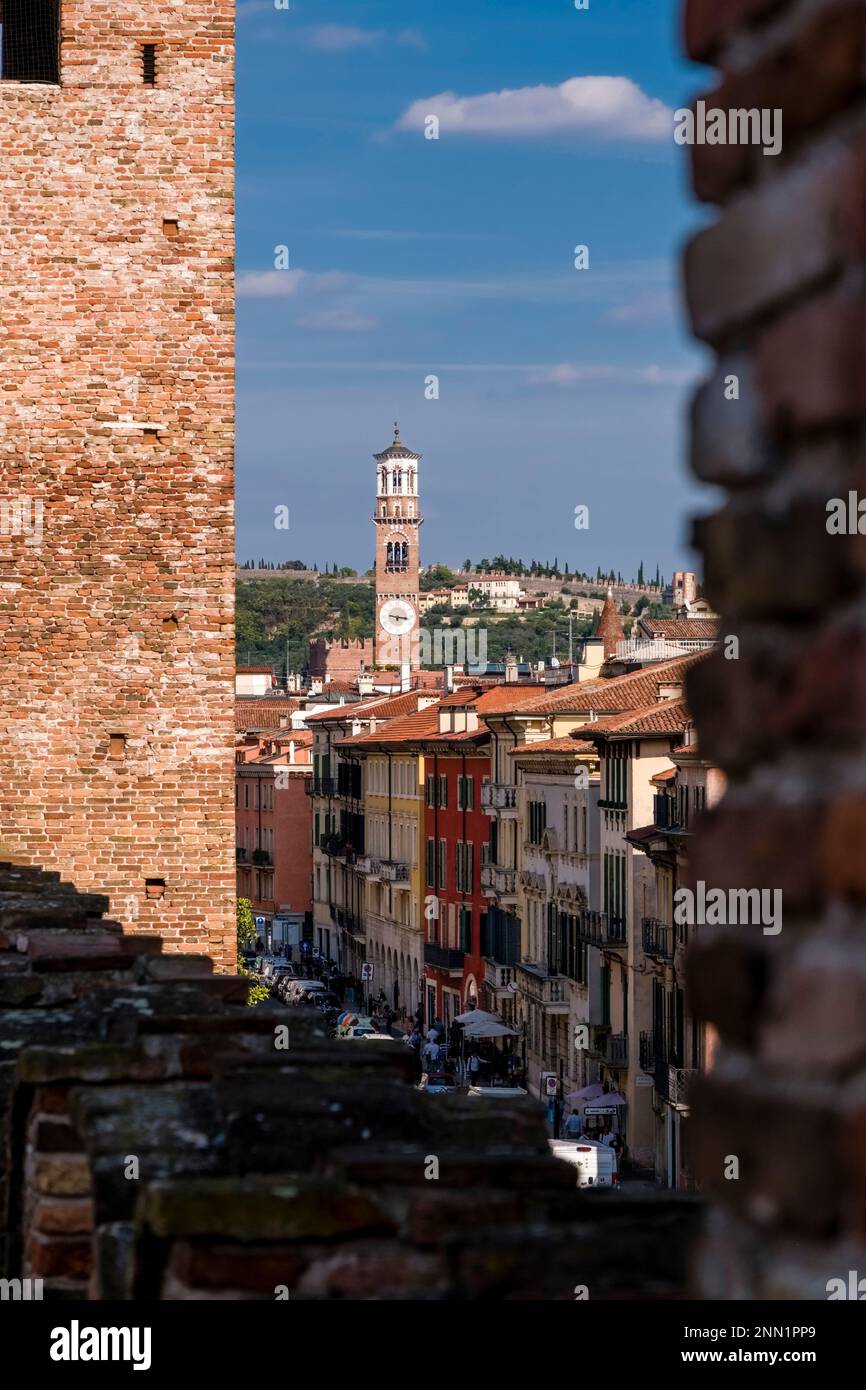 Maisons, Torre dei Lamberti et jardin Giusti au loin, vu à travers les murs de l'ancien château ...