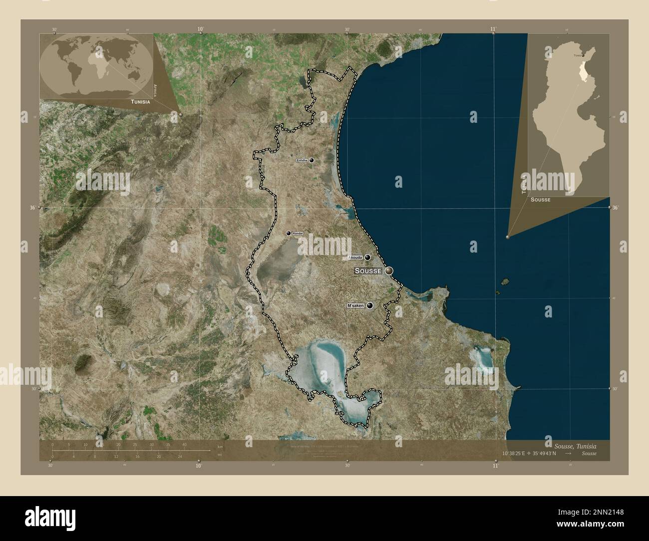 Sousse, gouvernorat de Tunisie. Carte satellite haute résolution. Lieux ...