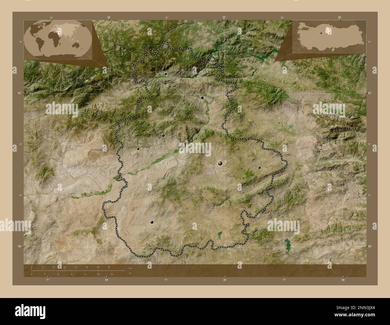 Corum, province du Turkiye. Carte satellite basse résolution. Lieux des ...