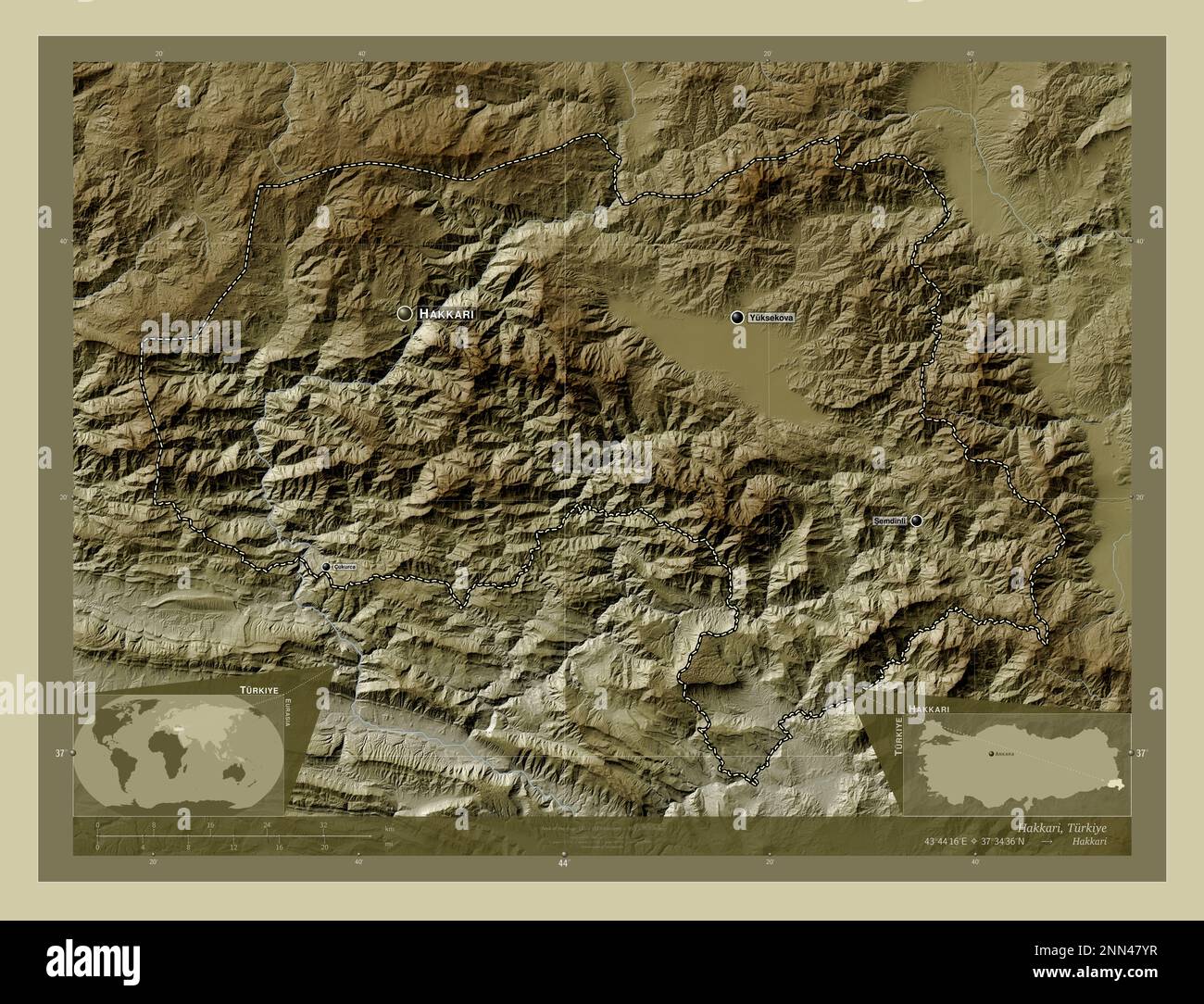 Hakkari, province du Turkiye. Carte d'altitude colorée en style wiki ...