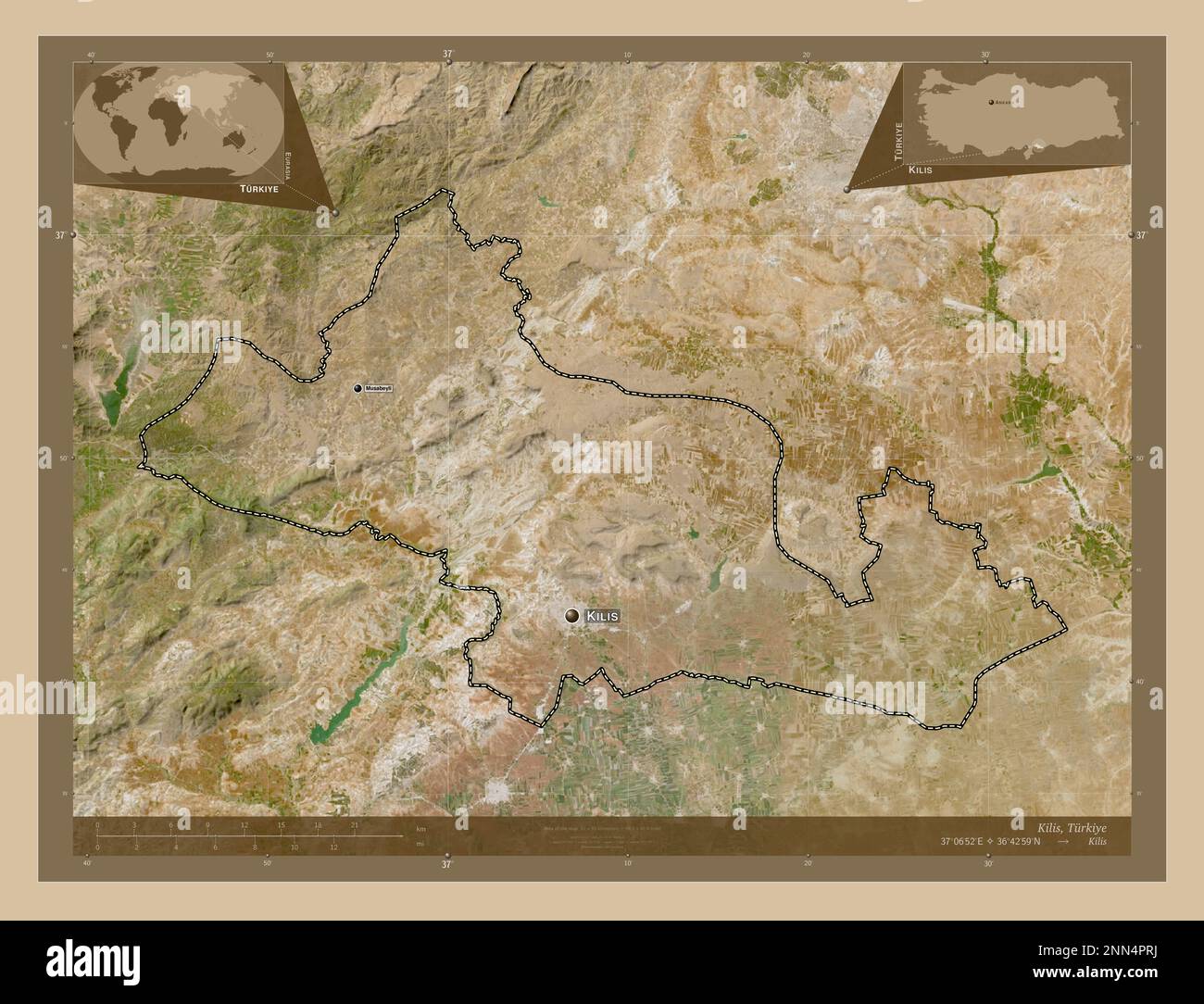 Kili, province du Turkiye. Carte satellite basse résolution. Lieux et ...