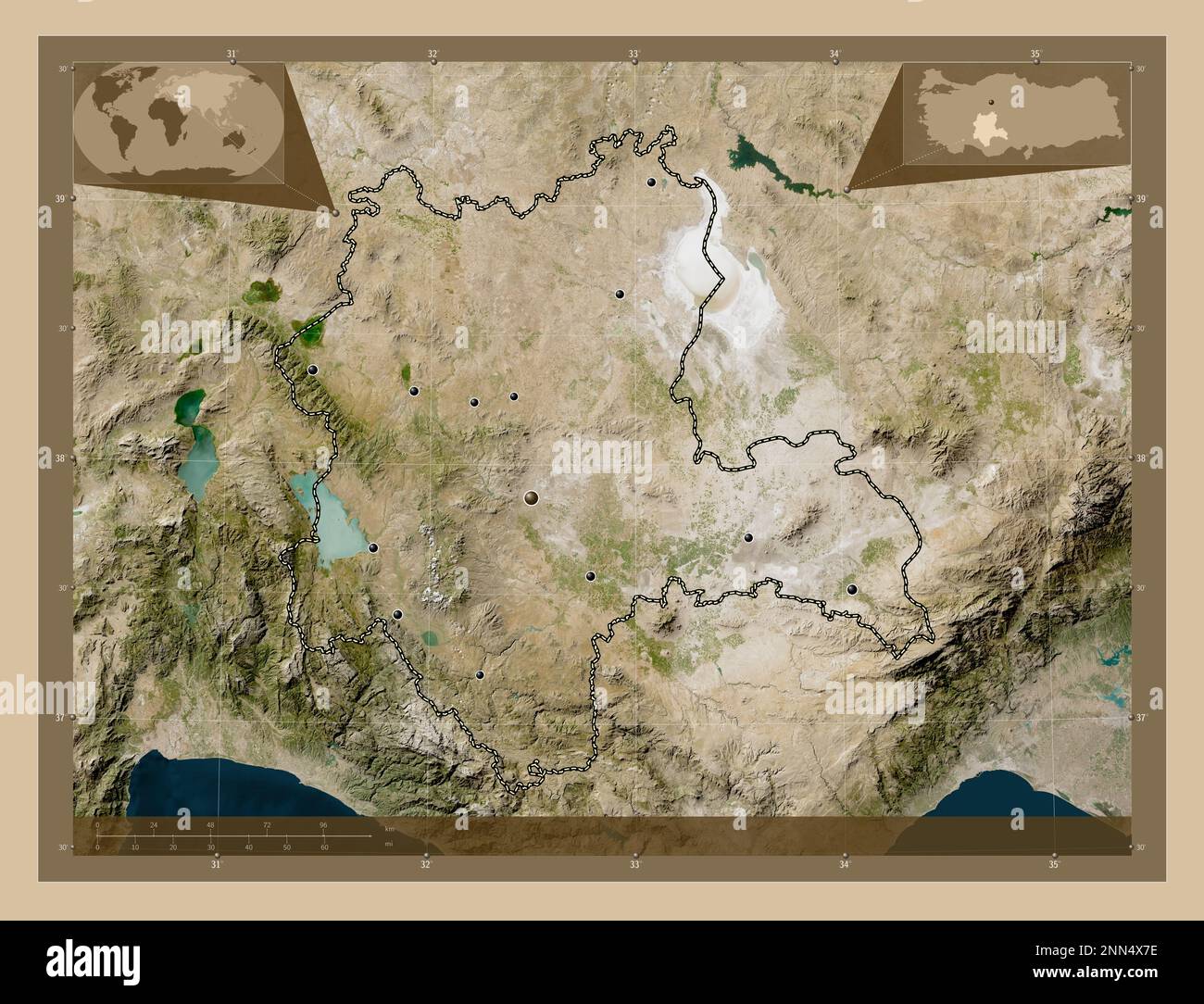 Konya, province du Turkiye. Carte satellite basse résolution. Lieux des ...