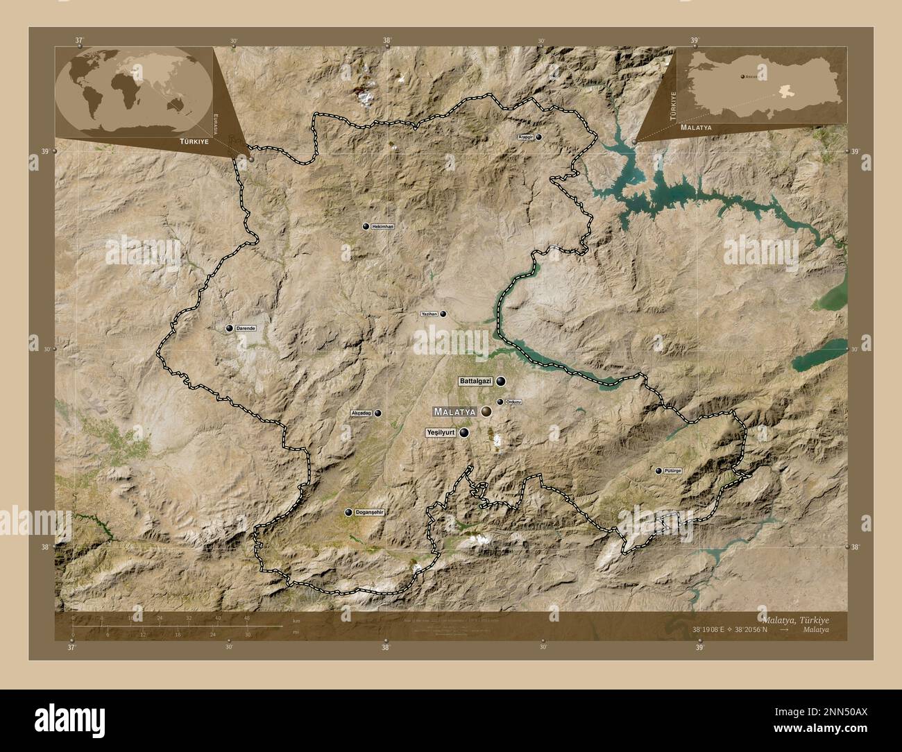 Malatya, province du Turkiye. Carte satellite basse résolution. Lieux ...